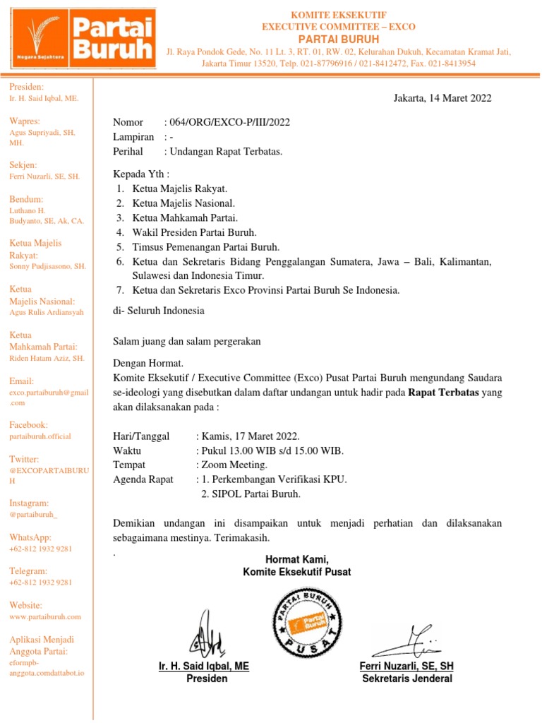 Undangan Rapat Terbatas Partai Buruh | PDF