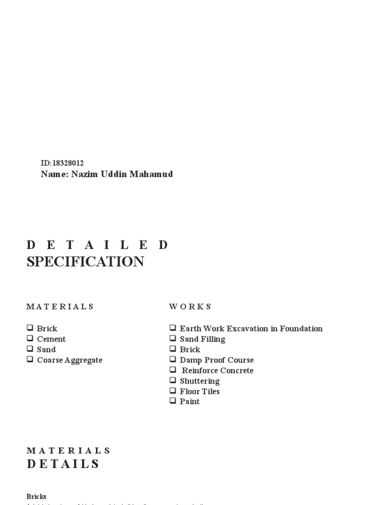 Detailed Specification | PDF | Brick | Concrete