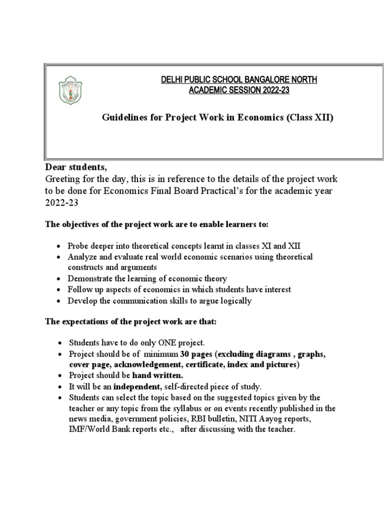 Guidelines For Project Work in Economics CLASS 12 (2022-23) | PDF ...