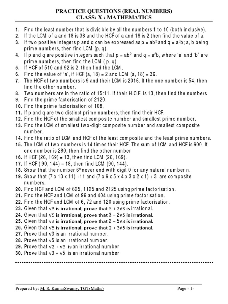 Practice Questions Real Numbers Class X | PDF