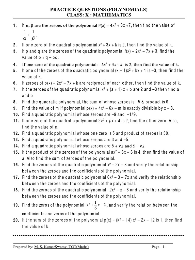 Practice Questions Polynomials Class X | PDF