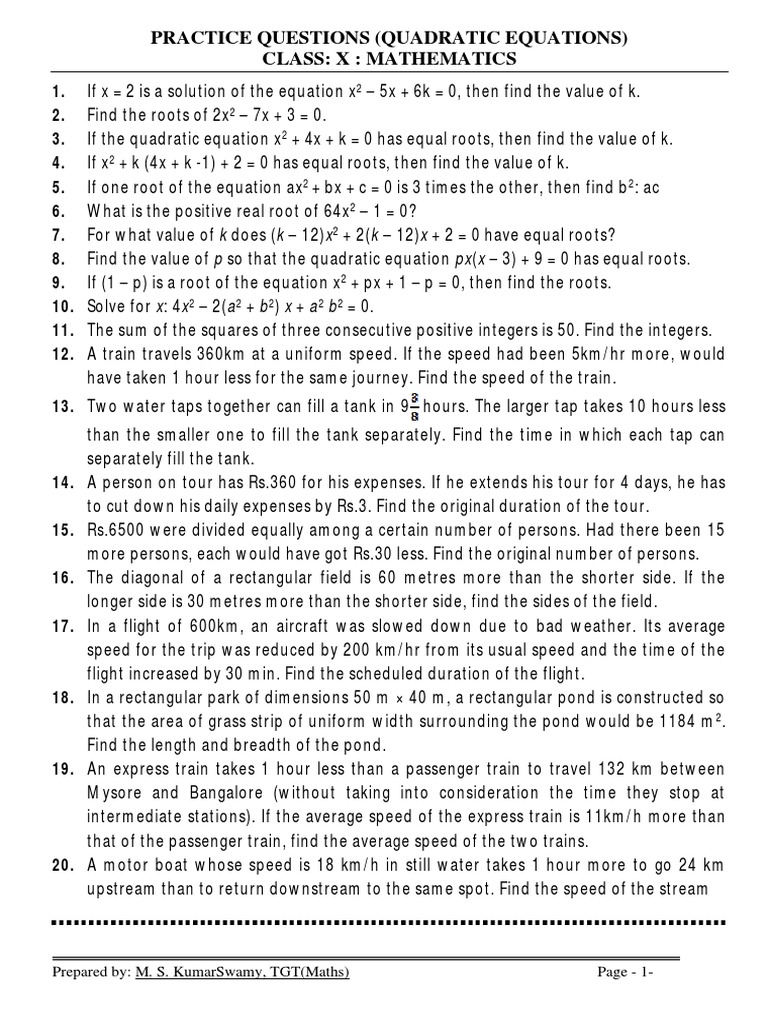 Class 10 Quadratic Equations Practice | PDF | Equations | Quadratic ...