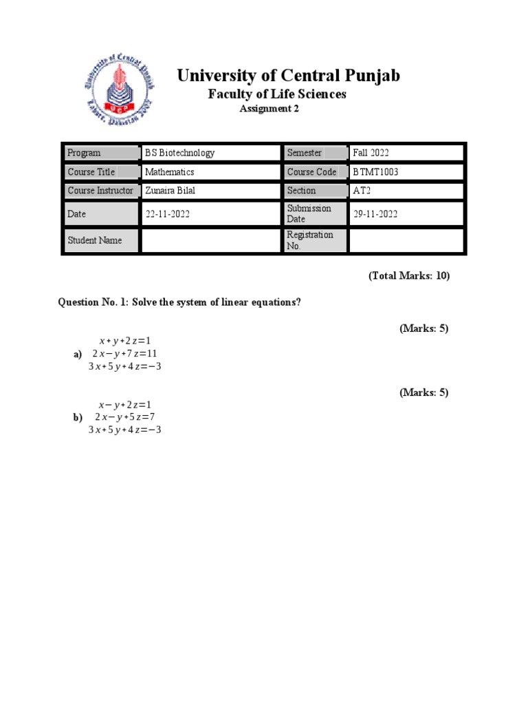 UCP BS Biotechnology Math Assignment | PDF