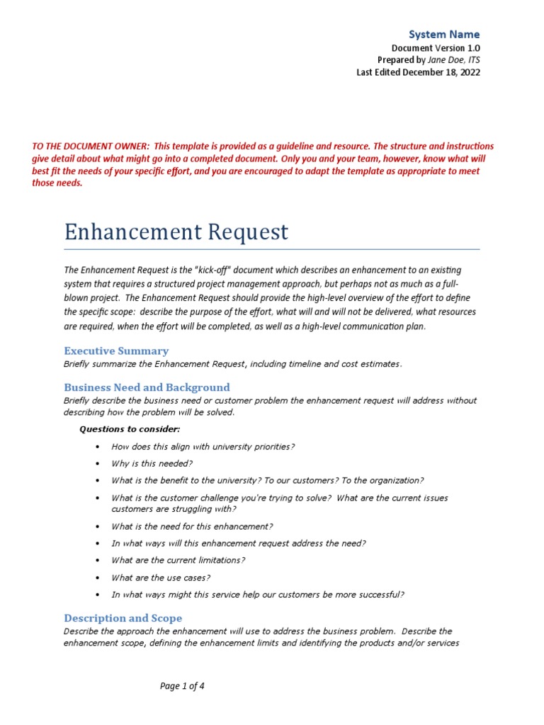 Enhancement Request Template Pdf Performance Indicator Project 7490
