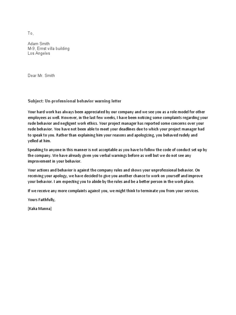 Unprofessional Behavior Warning Letter | PDF