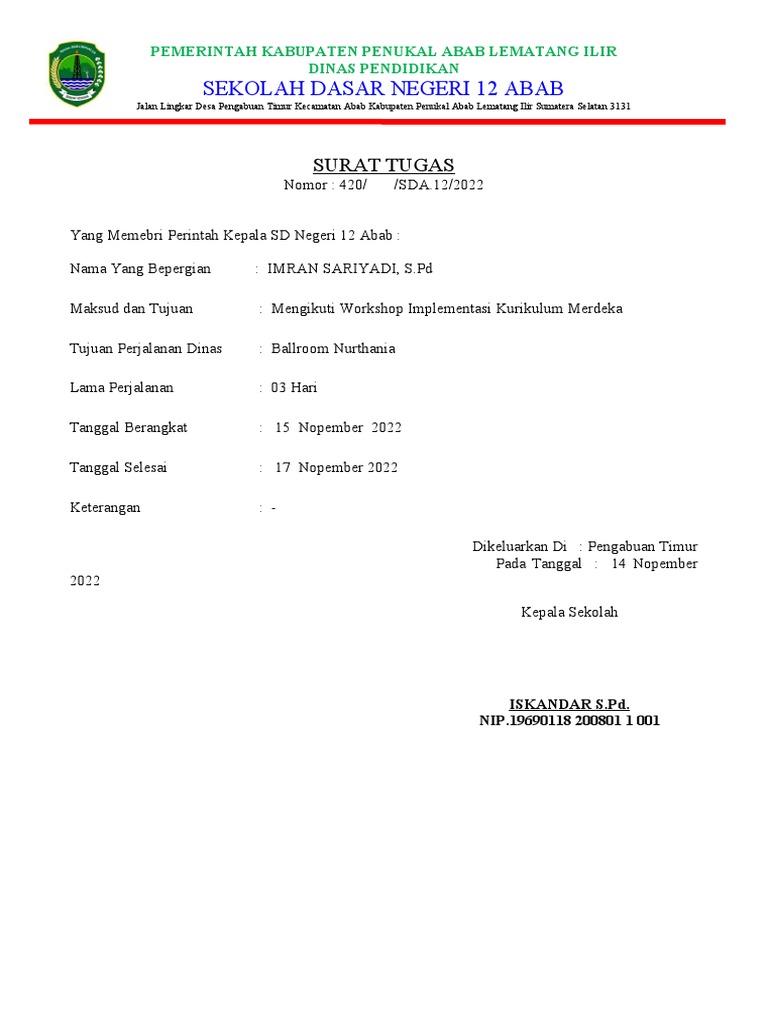 Surat Tugas Kepala Sekolah | PDF