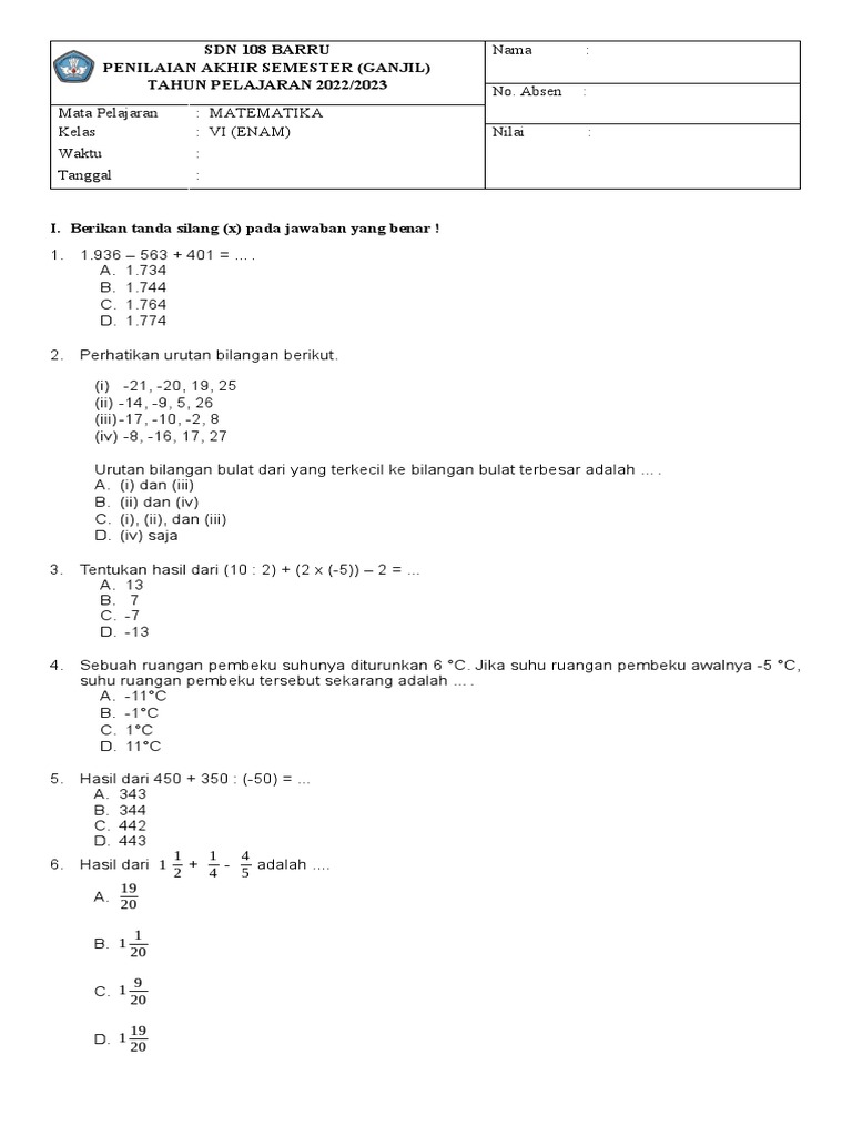 Soal Matematika Kelas 6 Ganjil | PDF | Metode & Bahan Ajar
