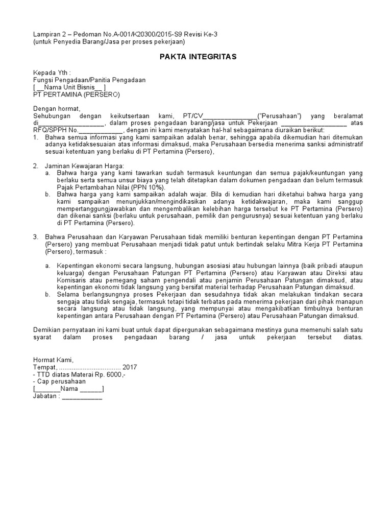 Pakta Integritas & Surat Pernyataan | PDF