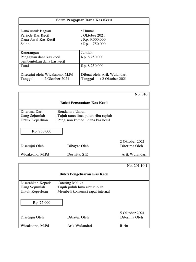 Bukti Pengeluaran Dan Pemasukan Kas Kecil | PDF | Pengelolaan Keuangan & Uang