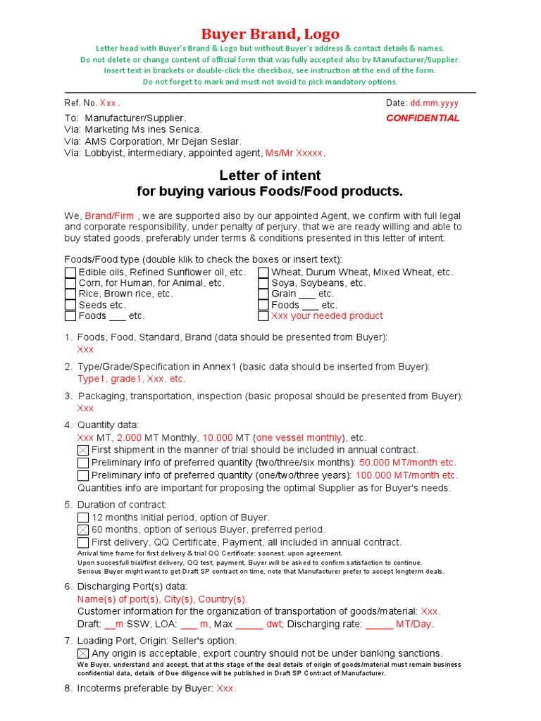 LOI Draft For Buying Foods | PDF | Trade | Economies