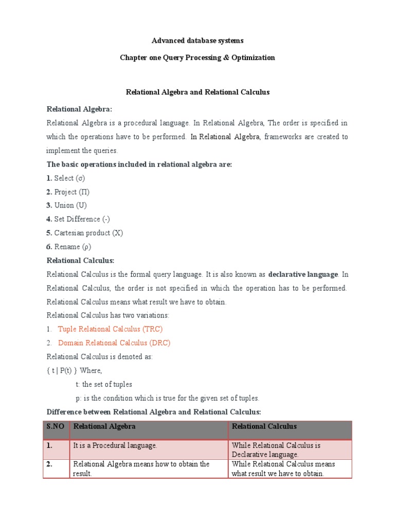 An Analysis of Relational Algebra, Relational Calculus, Query ...