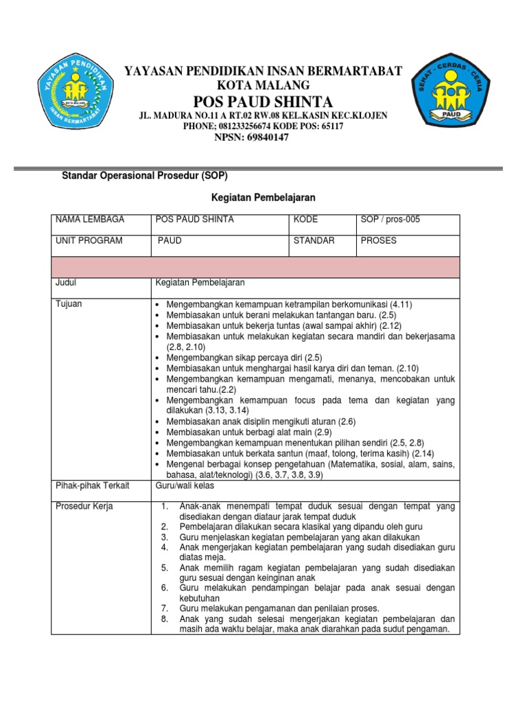 SOP Pembelajaran Shinta | PDF
