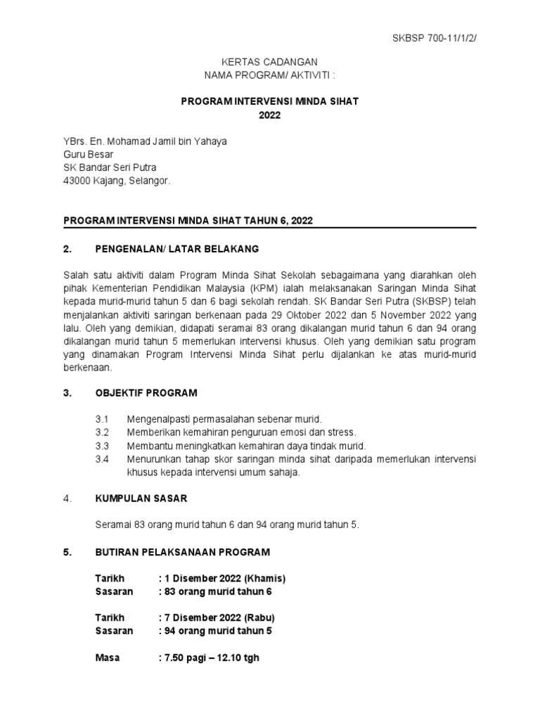 Kertas Kerja Program Intervensi Minda Sihat Tahun 6 | PDF