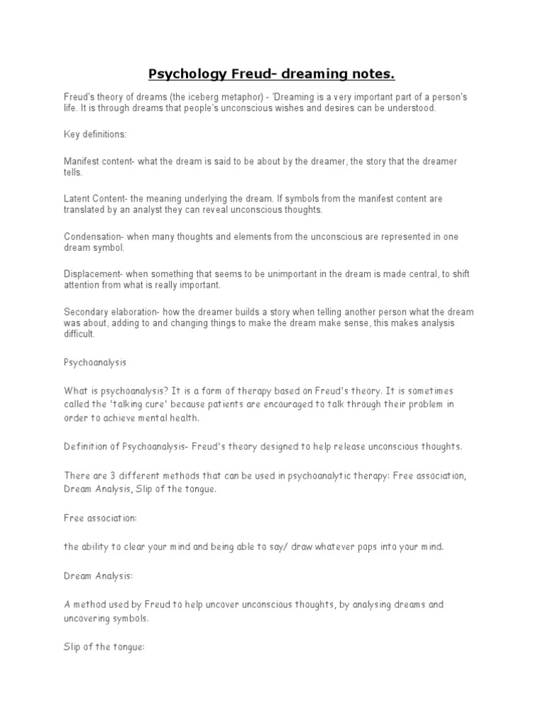 Psychology Freud - Dreaming Notes | PDF | Psychoanalysis | Unconscious Mind