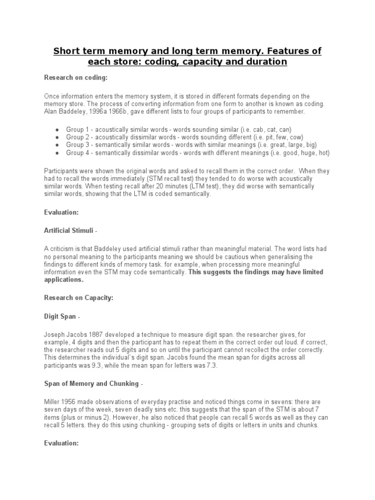 Short Term Memory and Long Term Memory. Features of Each Store - Coding, Capacity and Duration ...