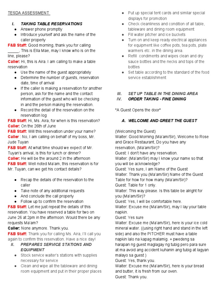 Tesda Assessment | PDF | Waiting Staff | Tableware