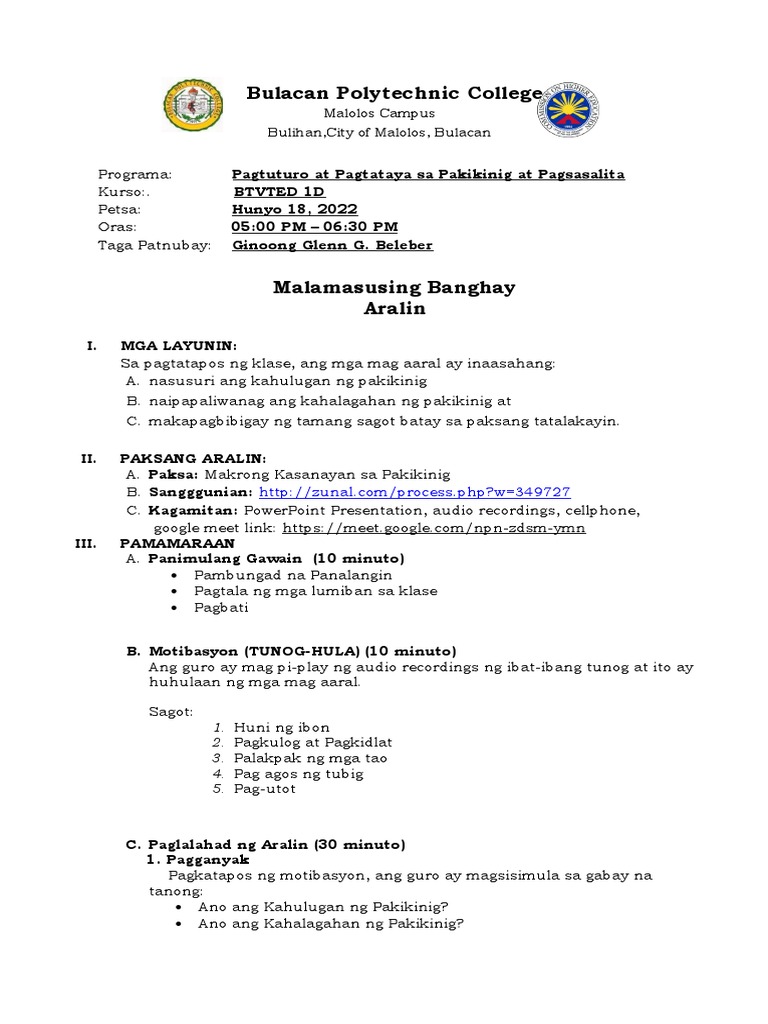 Banghay Aralin Sa Filipino | PDF