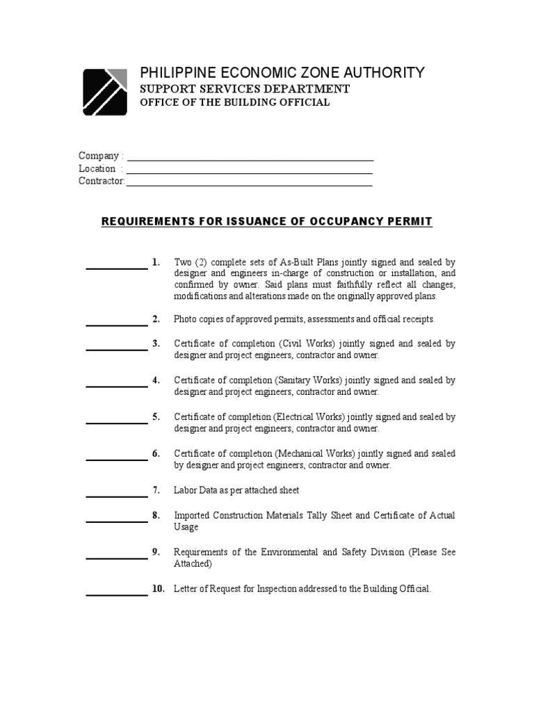PEZA Occupancy Permit Requirements | PDF