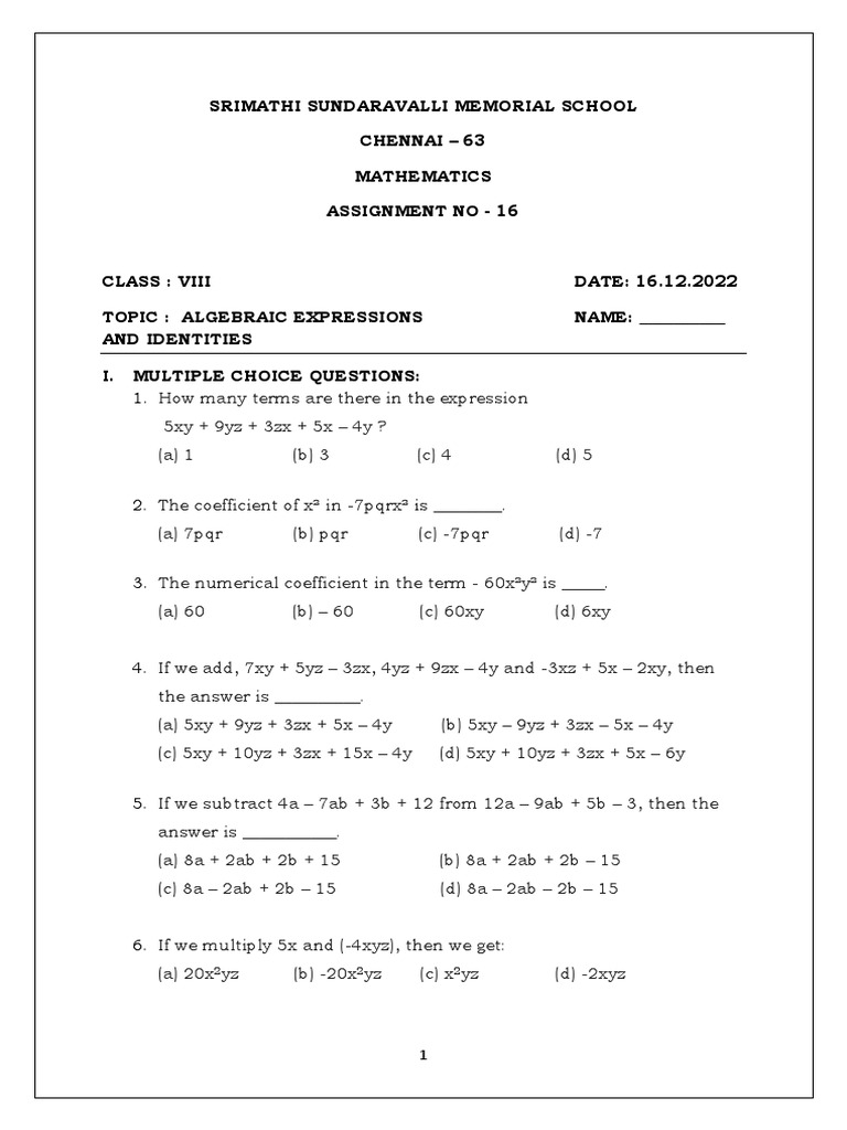 16-12-2022 Viii Class Viii - Assignment 16 - Algebraic Expressions16!12!2022 41832 | PDF