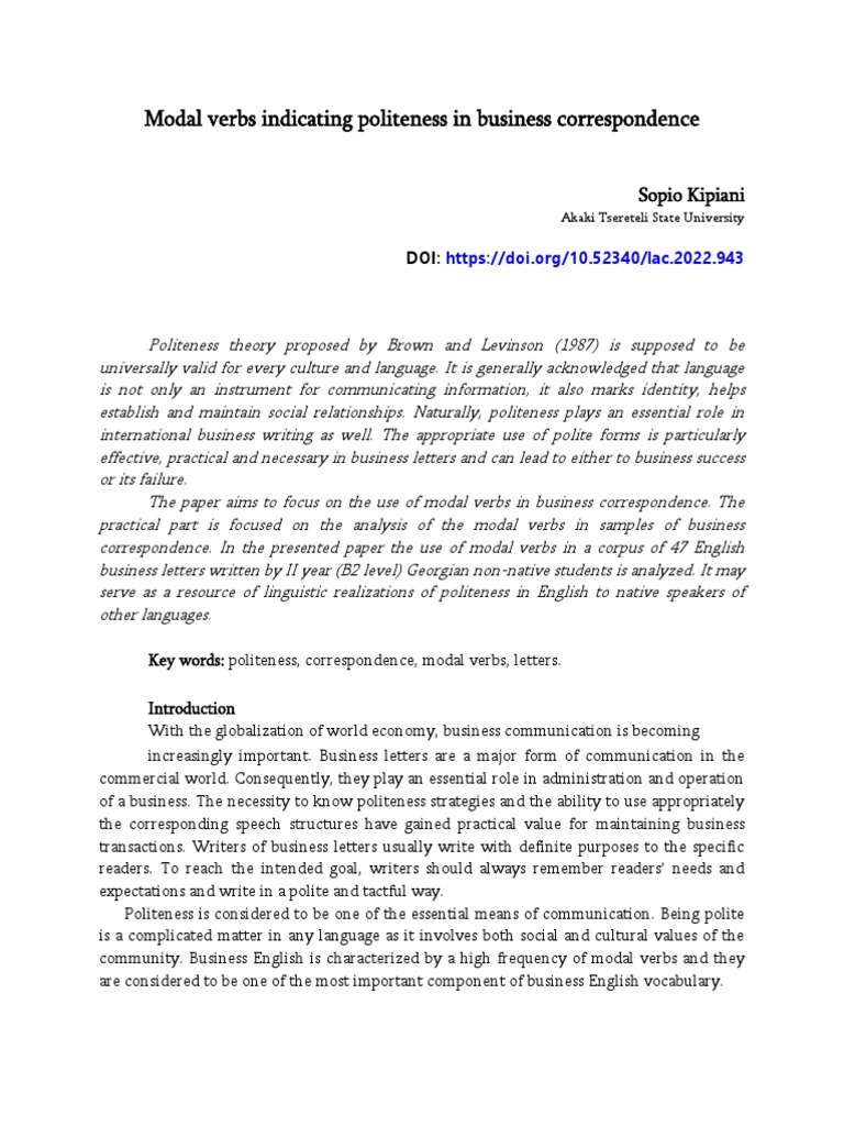 Modal Verbs Indicating Politeness in Business Correspondence | PDF ...