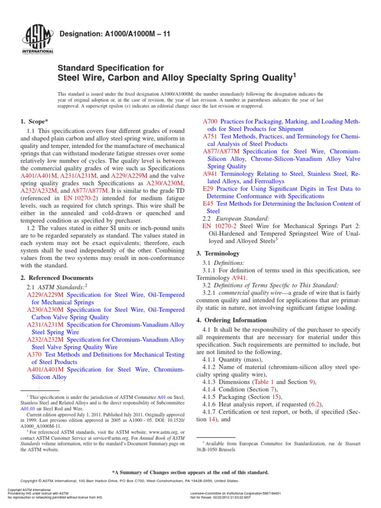 Steel Wire, Carbon and Alloy Specialty Spring Quality: Standard Specification For | PDF | Steel ...