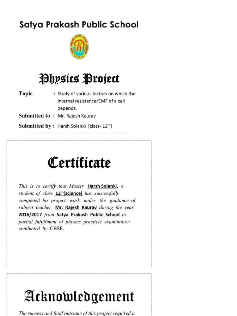 Internal Resistance Class 12 CBSE PROJECT | PDF