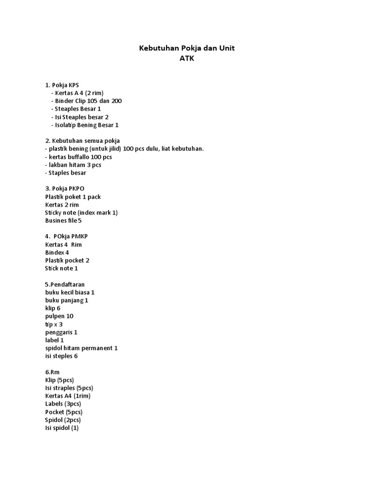 Kebutuhan Pokja Dan Unit | PDF