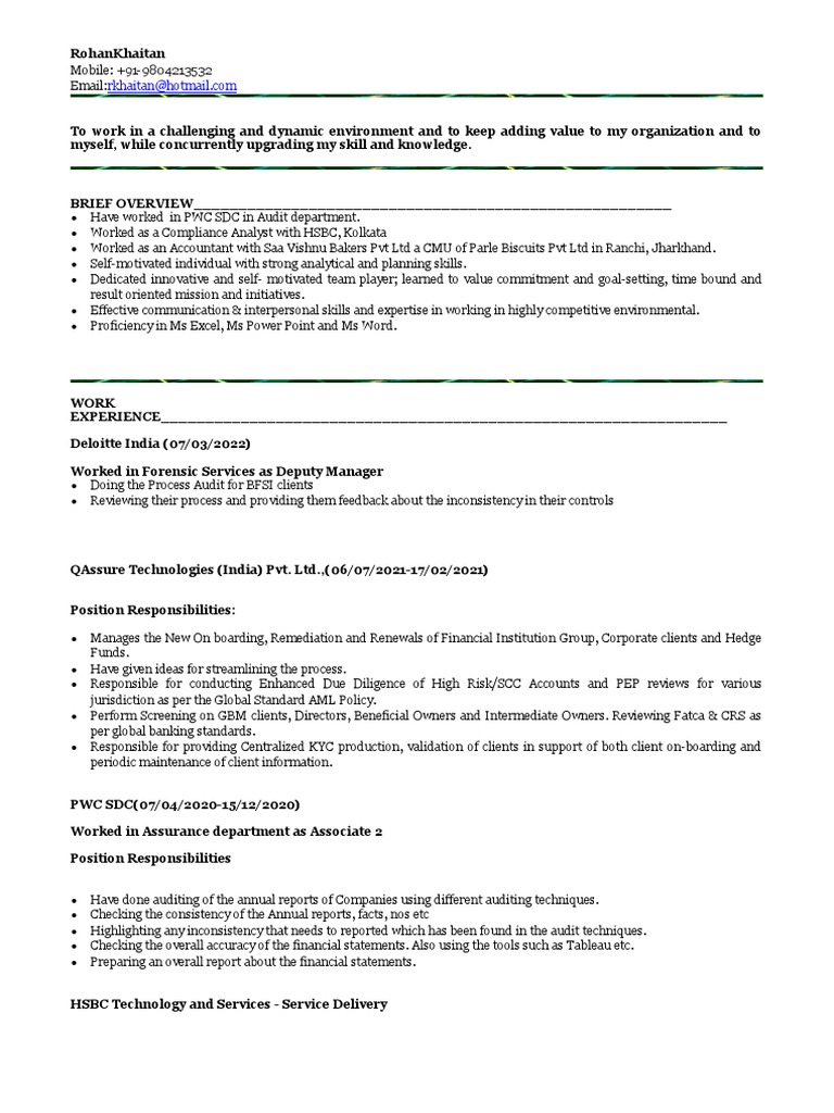 Rohan+CV | PDF | Audit | Hsbc