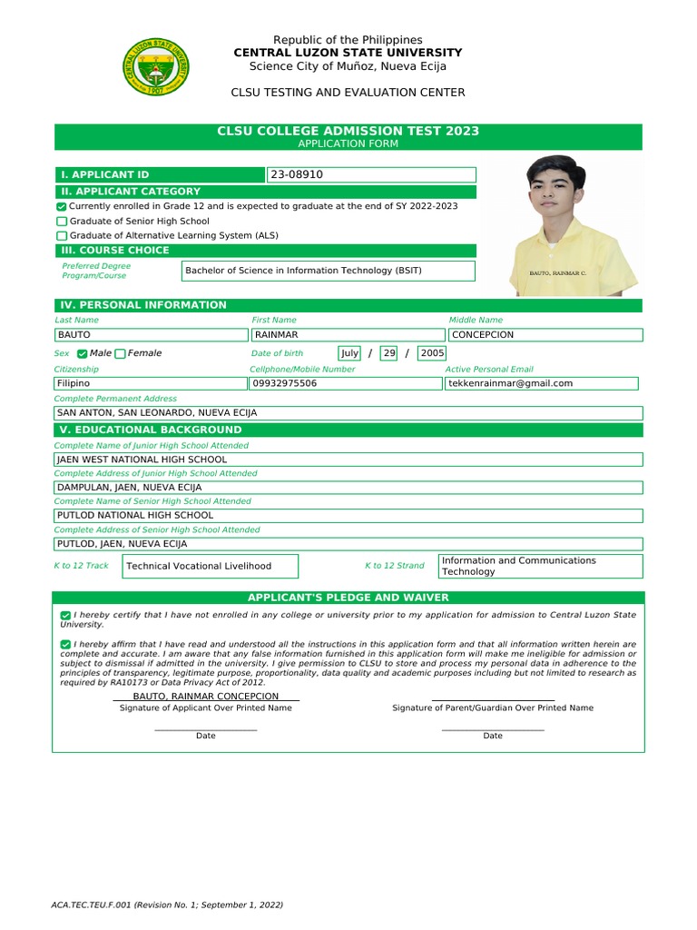 Bauto Rainmar Concepcion CLSU CAT Application Form | PDF