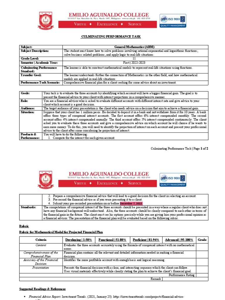 ABM 11 Culminating Performance Task - General Mathematics 4 | PDF ...