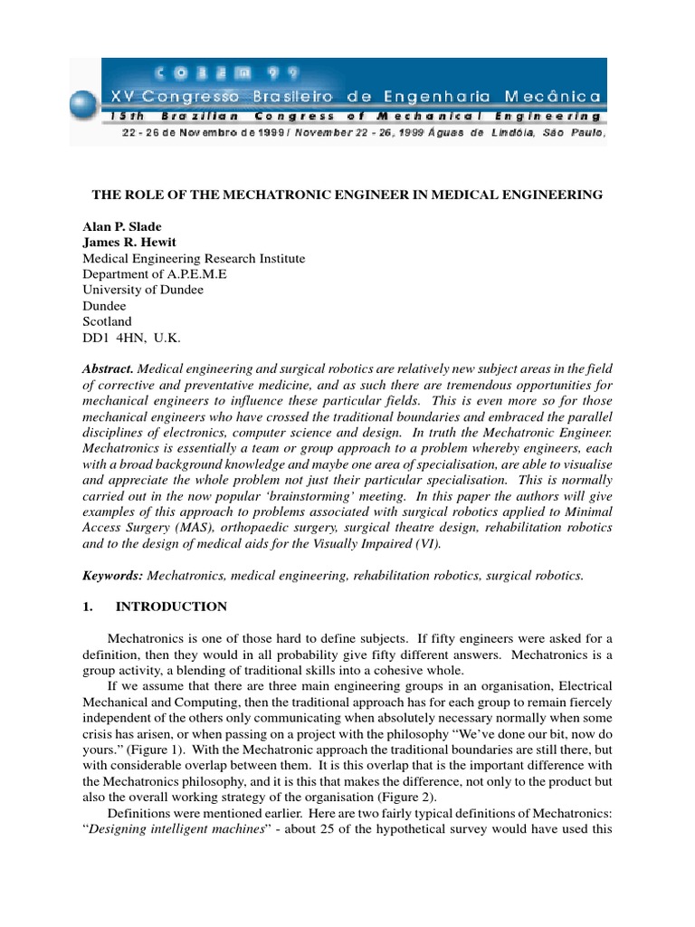 The Role of The Mechatronic Engineer in Medical Engineering Author Alan ...