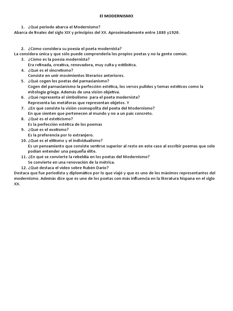 El MODERNISMO. Preguntas Del Vídeo | PDF