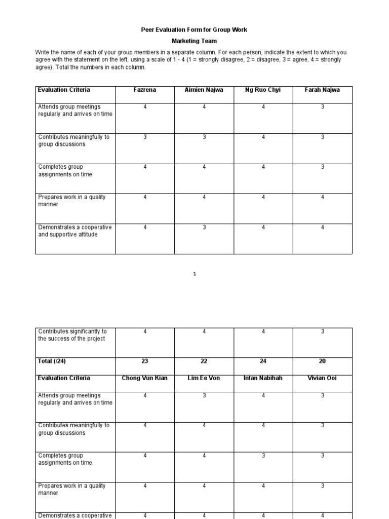 Peer Evaluation Form For Group Work | PDF