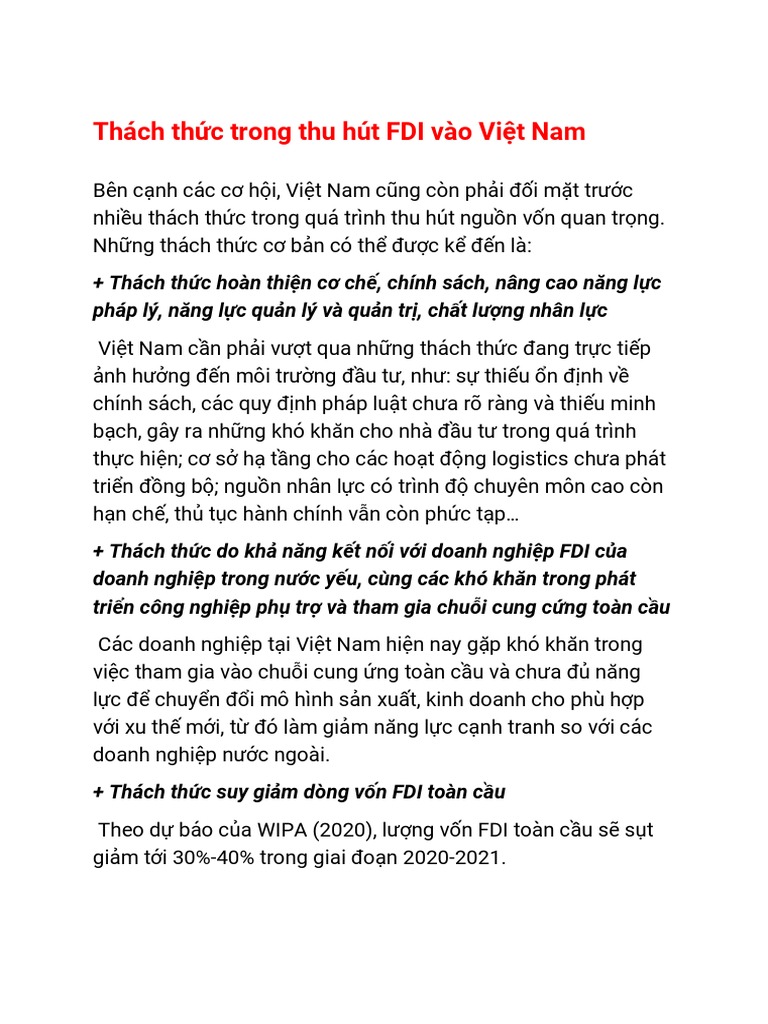 Thách thức trong thu hút FDI vào Việt Nam | PDF