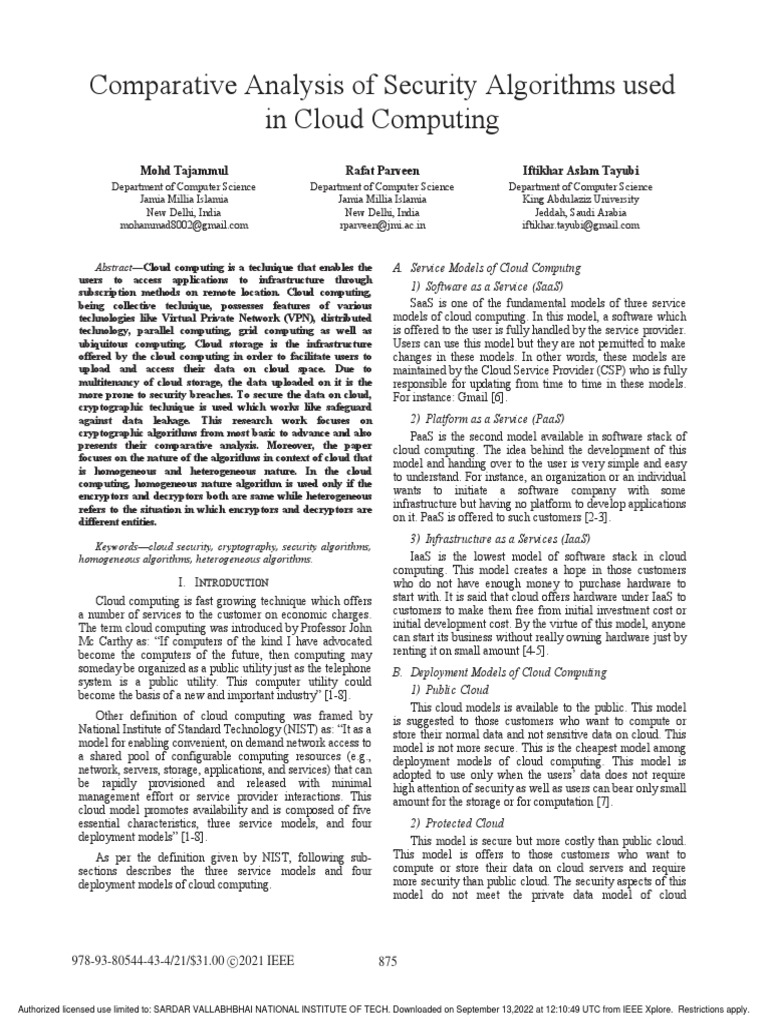 1 B Intro Of Cloud Comparative Analysis Of Security Algorithms Used In Cloud