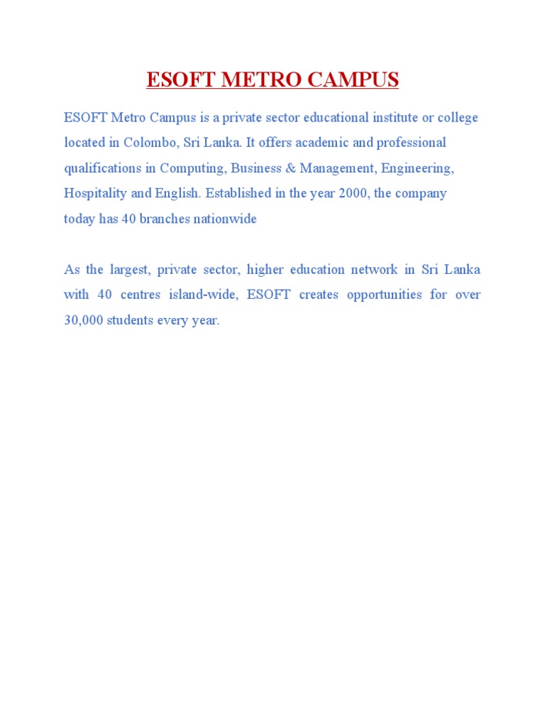 ESOFT Metro Campus: Sri Lanka's Largest Private Education Network | PDF ...
