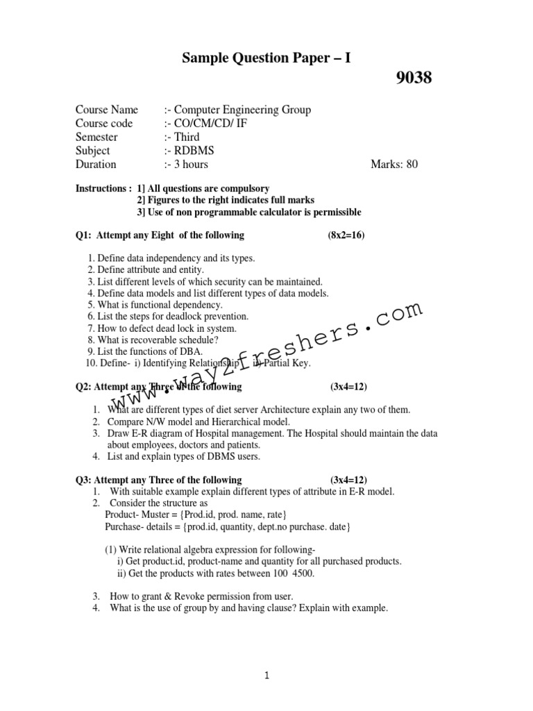 80 Marks Sample Question Paper 15 | PDF | Relational Database | Data Model