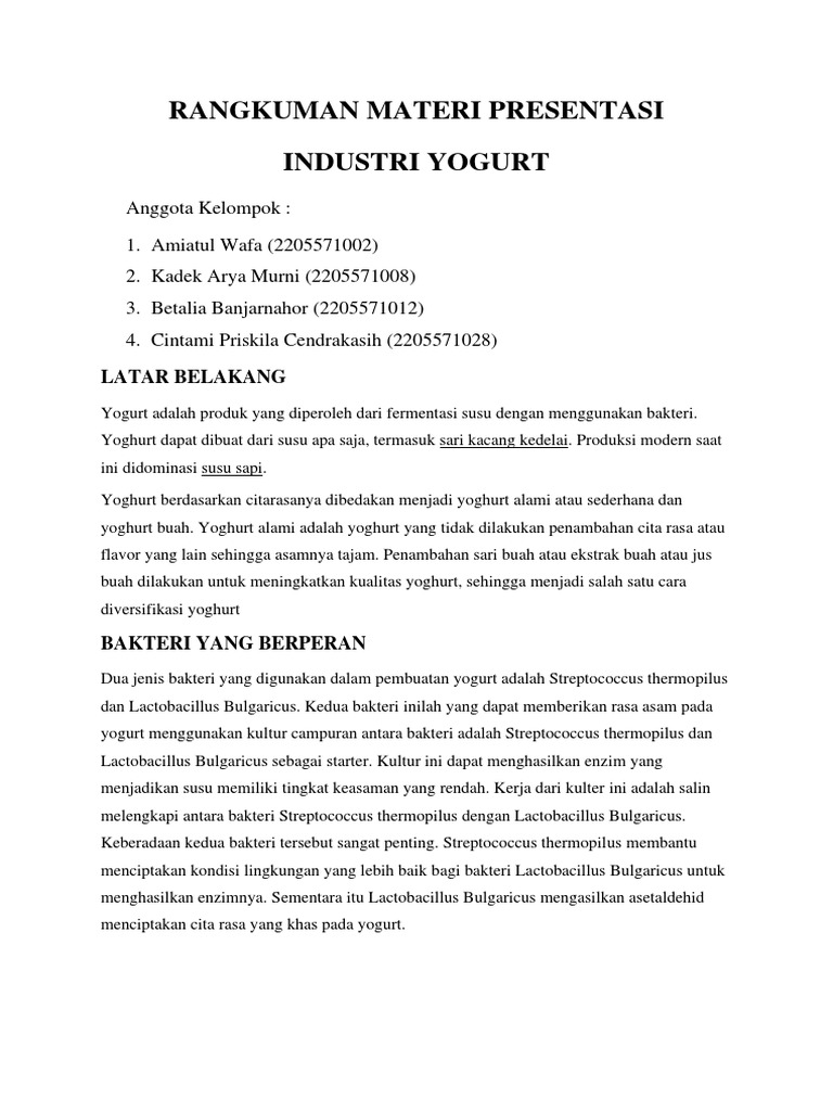 Rangkuman Presentasi Industri Yogurt | PDF