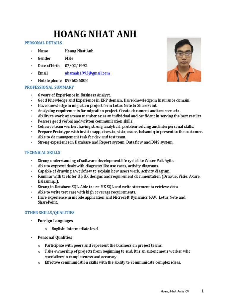 Business Analyst Hoang Nhat Anh's CV | PDF | Share Point | Databases