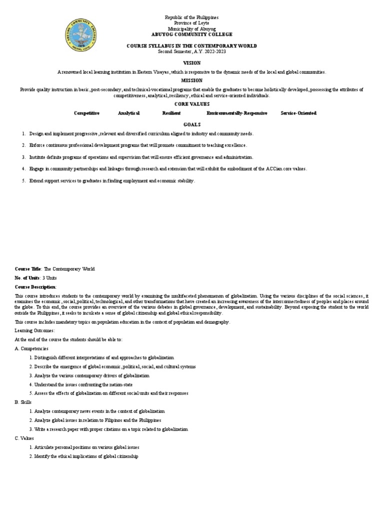 Final Syllabus TCW | PDF | Globalization | Governance