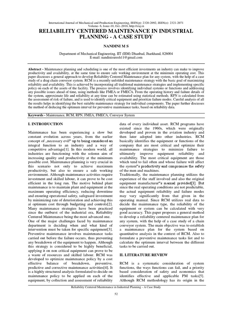 Reliability Centered Maintenance in Industrial Planning - A Case Study | PDF | Reliability ...