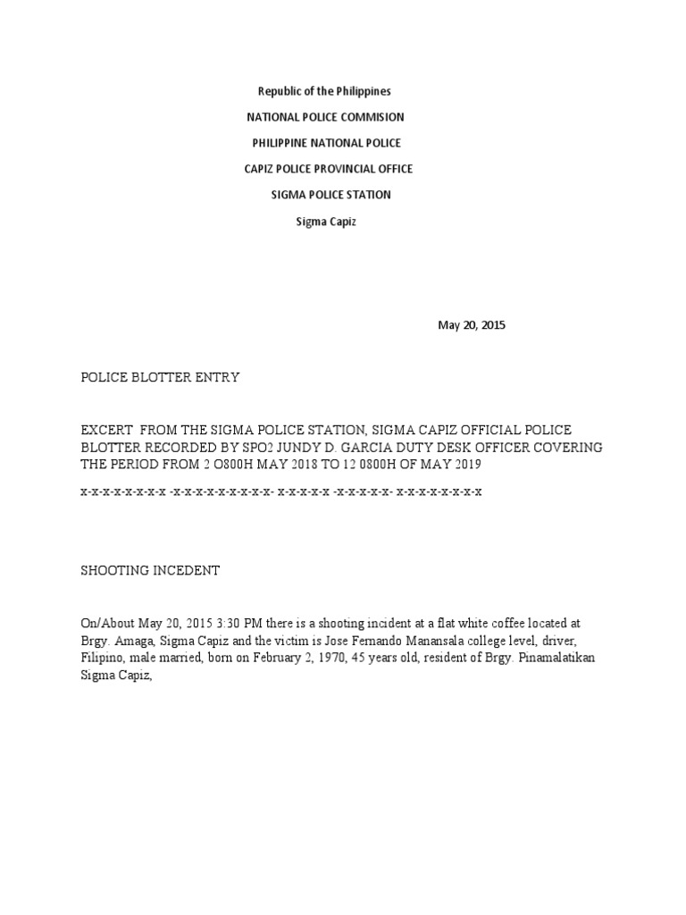 Sigma Police Blotter: Shooting Incident | PDF