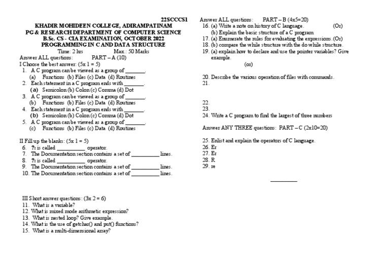 22scccs1 Qp Pdf C Programming Language Subroutine 9314