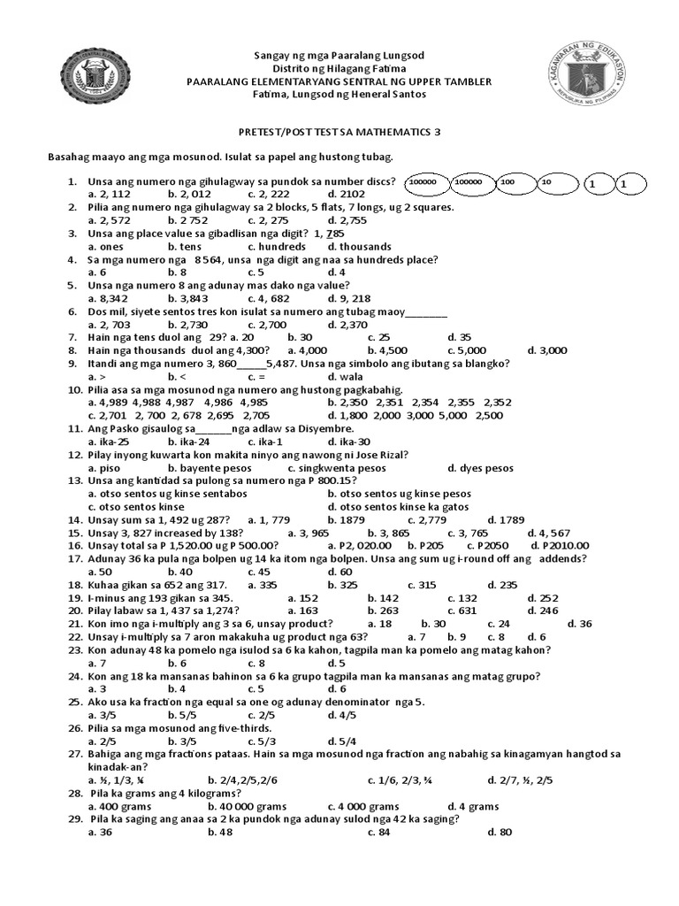 Pre-Test - Mathematics 3 | PDF