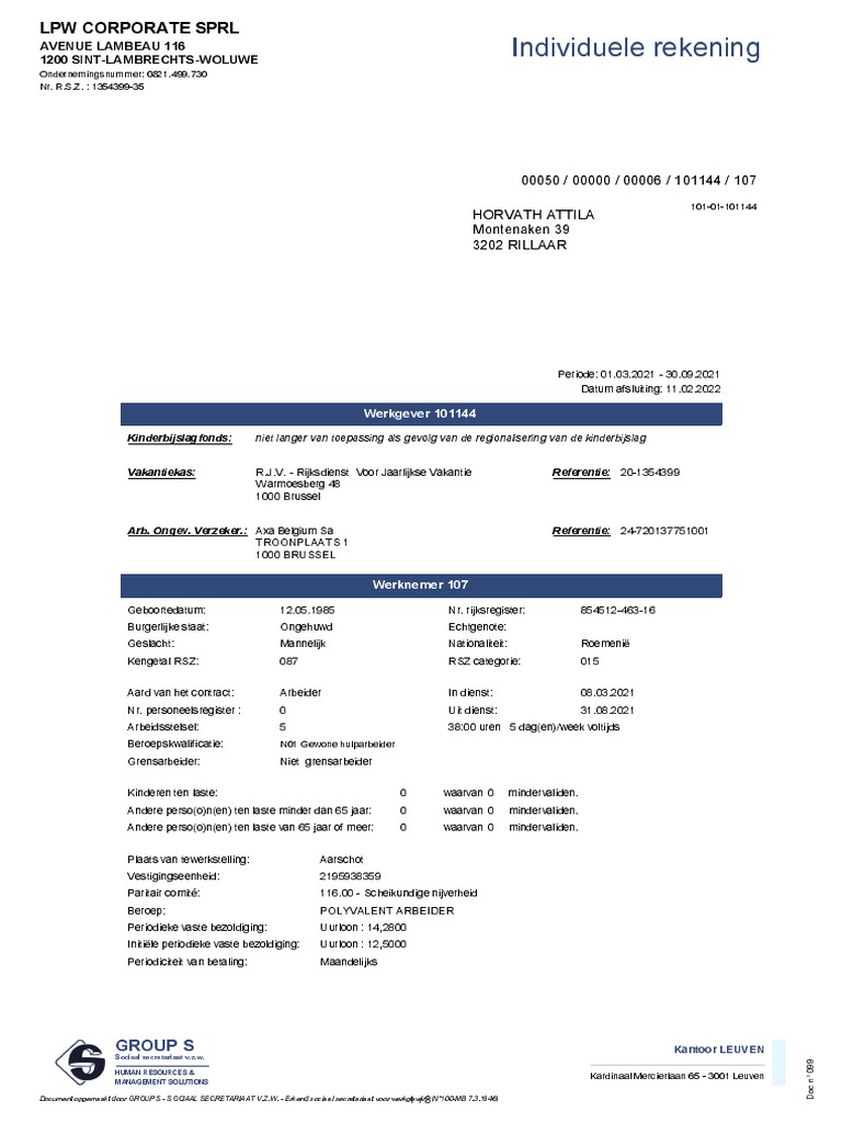 Individuele Rekening: Werkgever 101144 | PDF