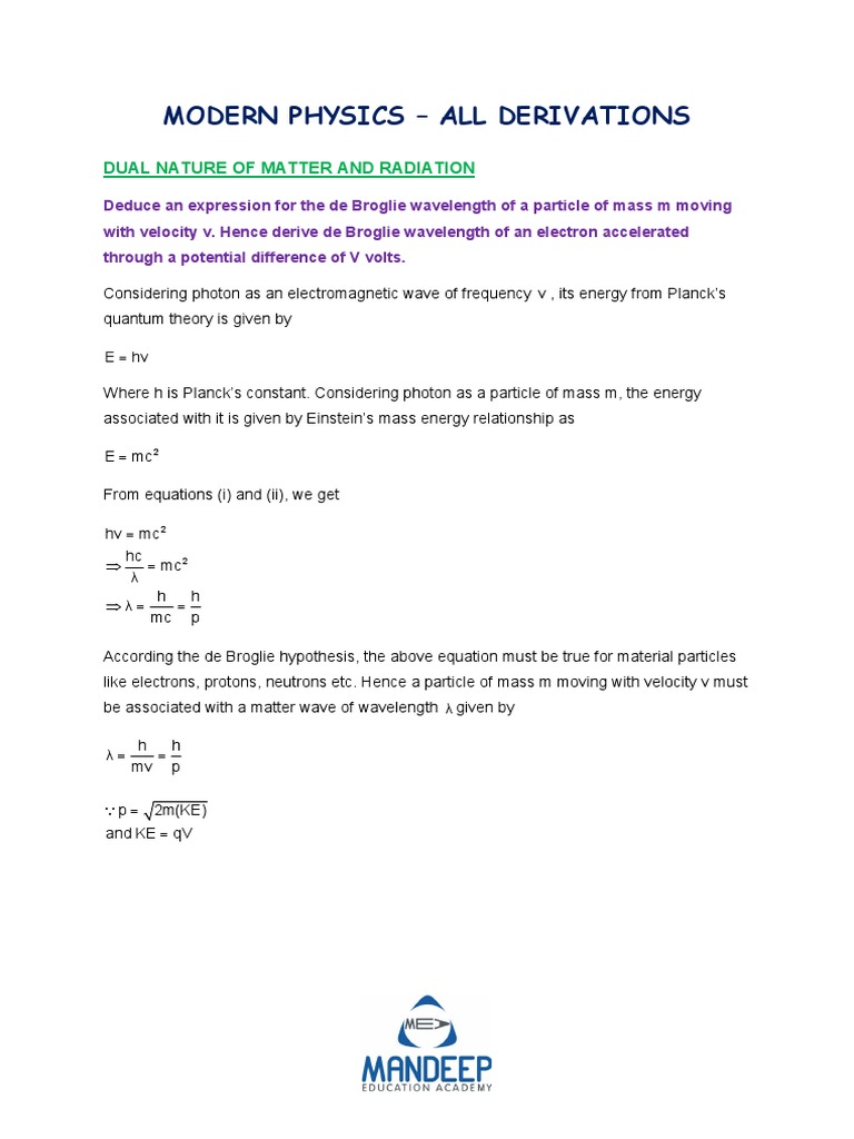 Modern Physics All Derivations | PDF | Electron | Atomic Nucleus