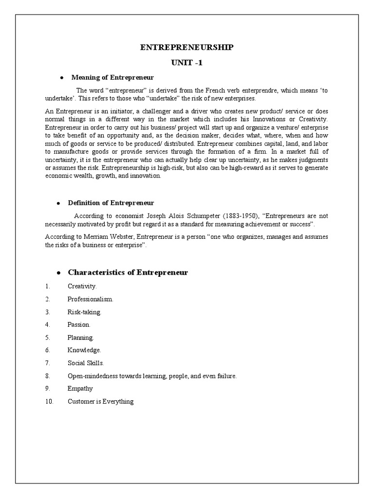 Entrepreneurship Unit - 1: Meaning of Entrepreneur | PDF ...
