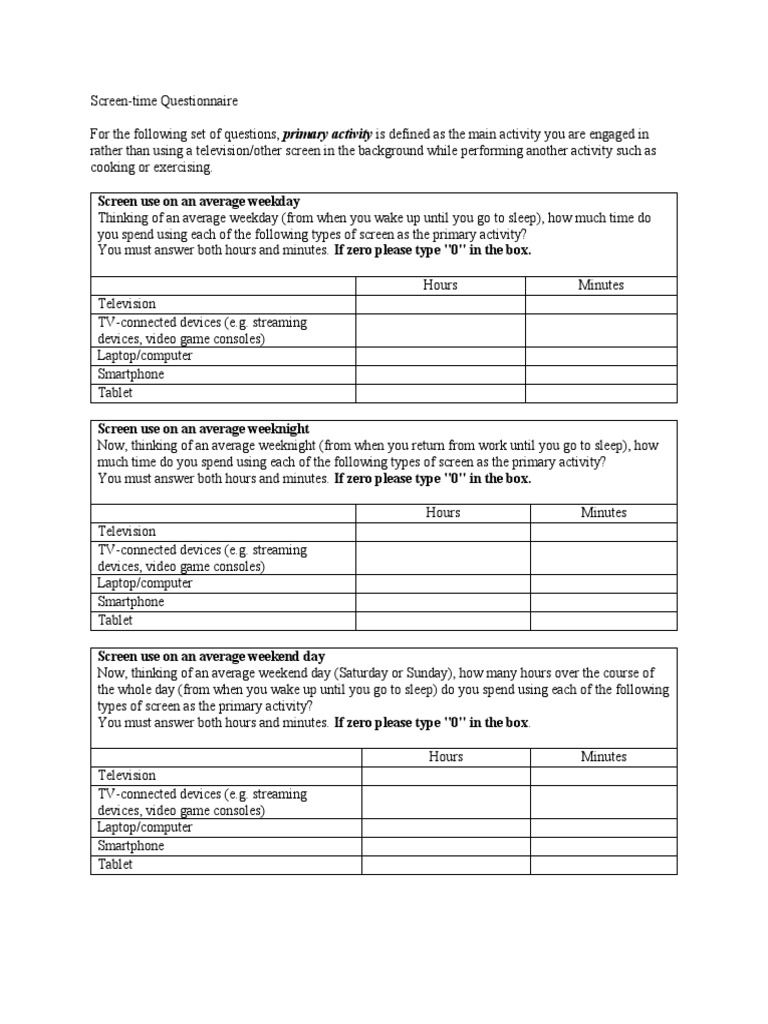 Screen Time Questionnaire | PDF | Workweek And Weekend | Computing