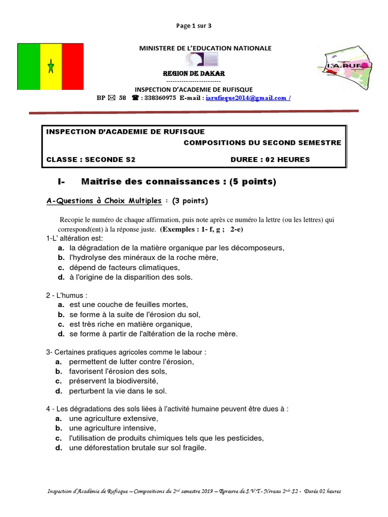 Composition Du 2ème Semestre SVT 2nde S2 Senegal 2 | PDF | Sol (pédologie) | Photosynthèse