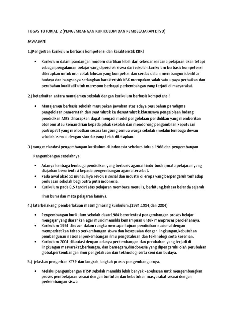 Tugas Tutorial 2 Pengembangan Kurikulum Dan Pembelajaran Di Sd. | PDF